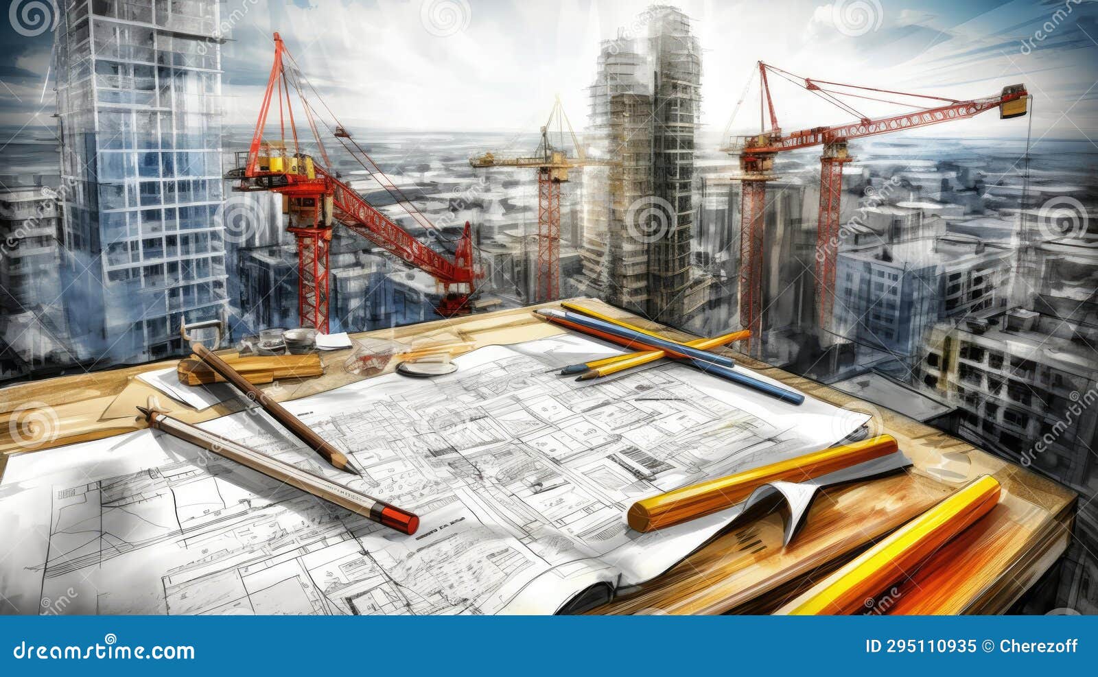 Construction Drawings on the Background of the Construction Site Stock ...