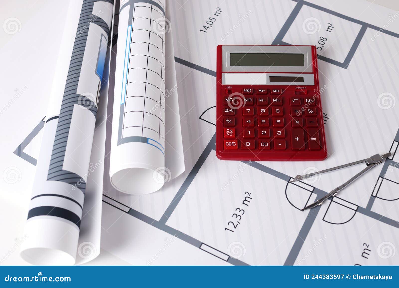 Construction Drawings, Calculator and Dividers, Closeup View Stock ...