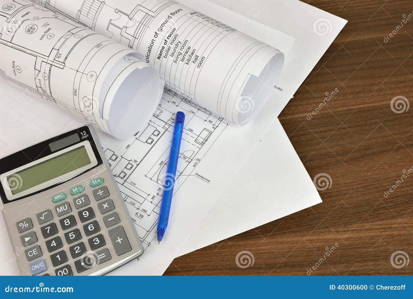 Construction Drawings, Calculator and Pen Stock Photo - Image of ...