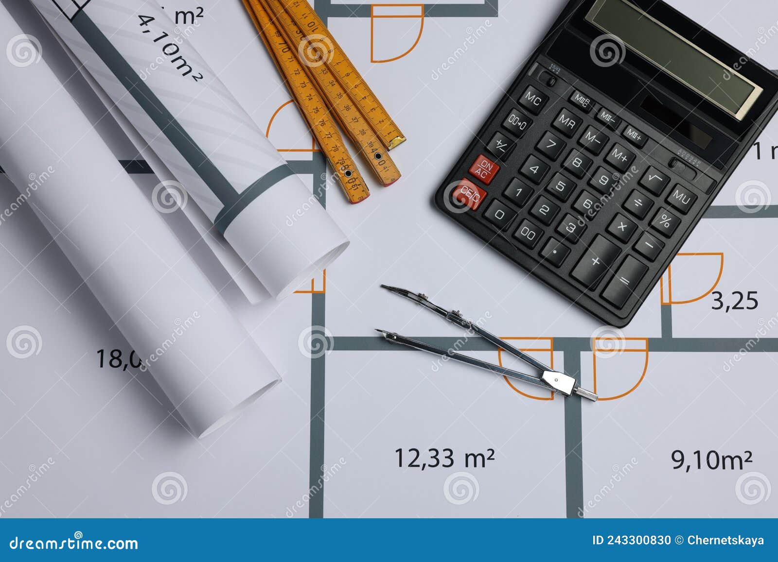 Construction Drawings, Pair of Compasses, Calculator and Folding Ruler ...