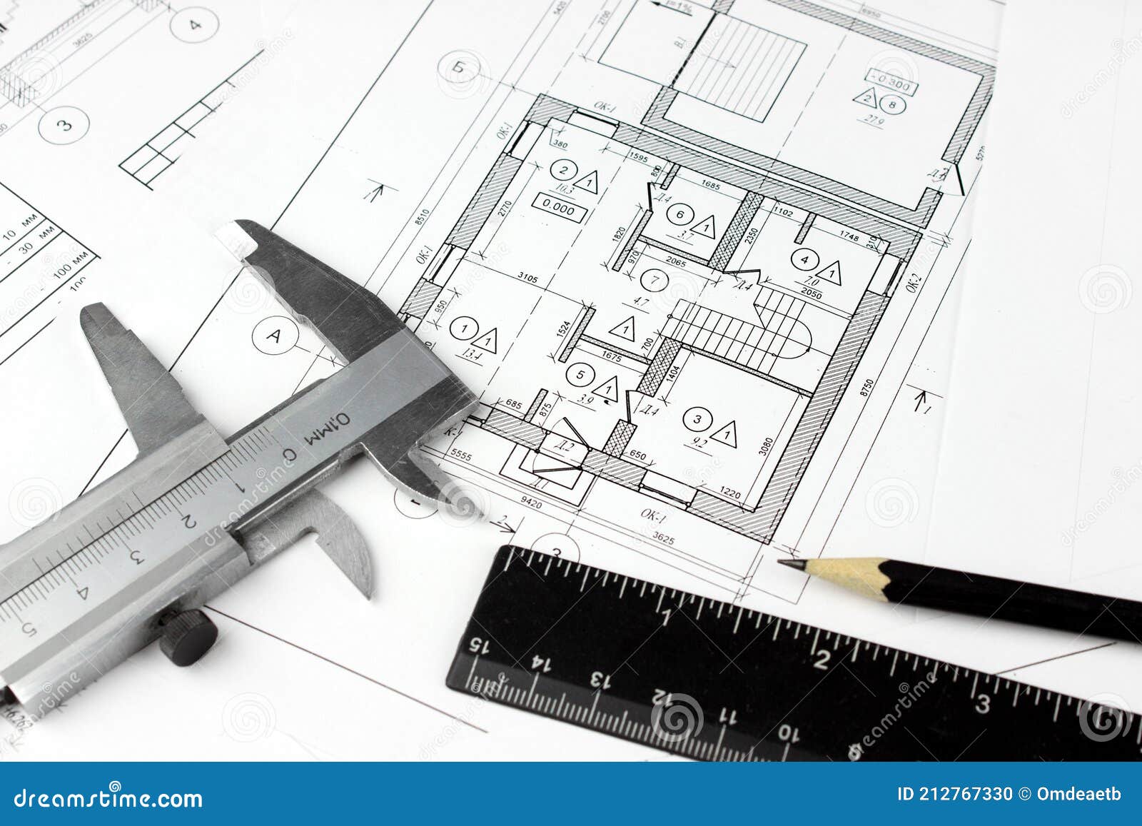 Construction Drawings and Plan Tools. Close-up of Architect Engineer ...
