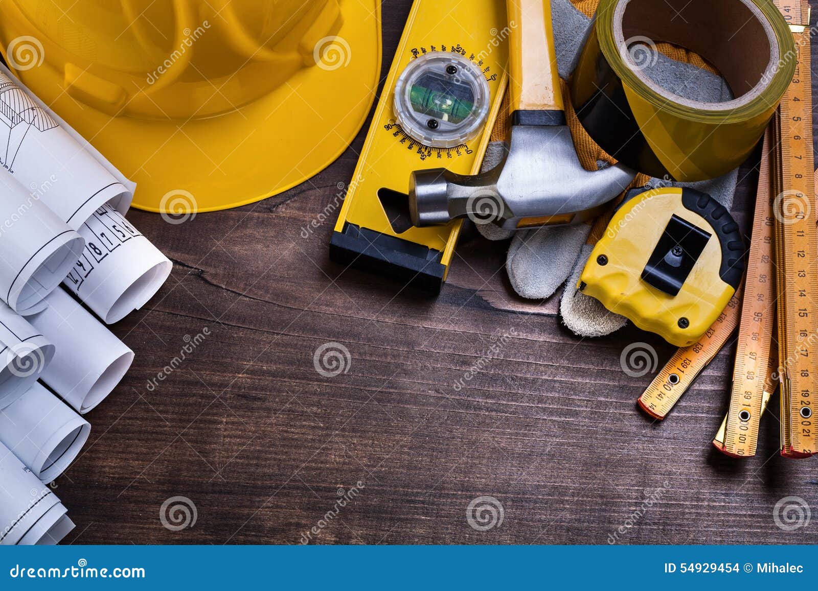 Construction Drawings and Set of Building Objects Stock Photo - Image ...