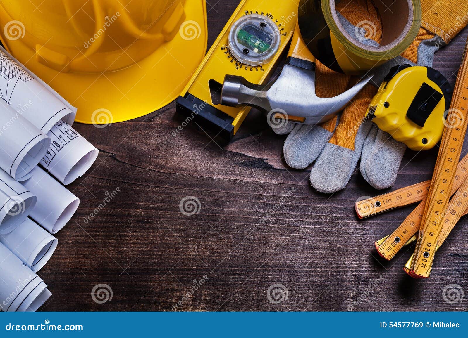 Construction Drawings and Set of Building Tools on Stock Image - Image ...