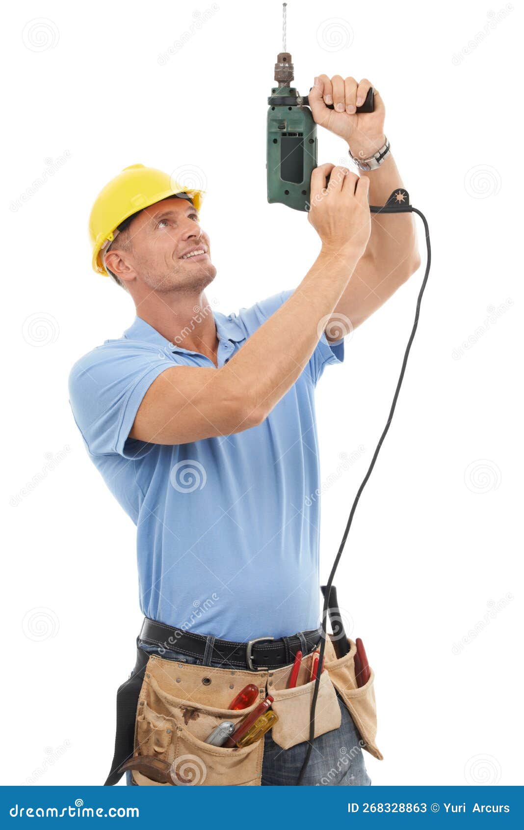 Construction, Drill and Man with Tools for Building, Maintenance and ...