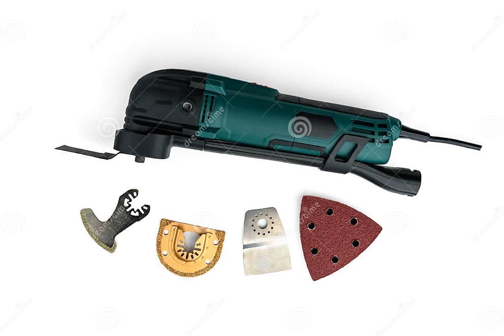 Construction Electric Multifunction Tool with Accessories Isolated on ...
