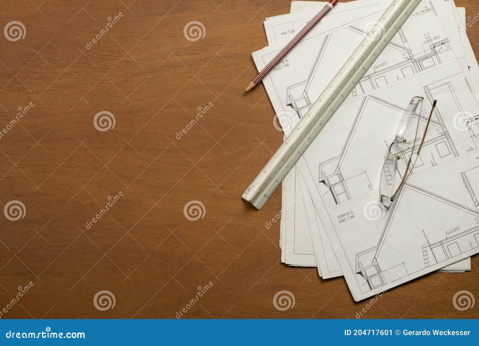 Construction Elements on Wooden Table Stock Image - Image of paper ...