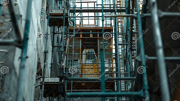 A Construction Elevator Sits within a Scaffolding System, Providing ...