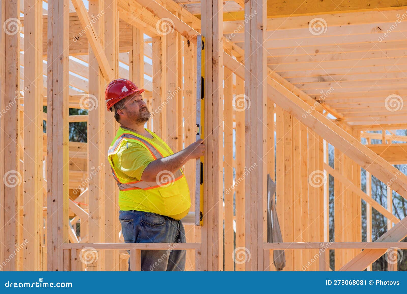 Construction Engineer Checks the Quality of Wooden Frame of Beams Work ...