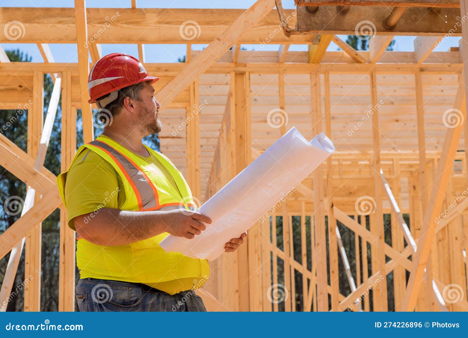 Construction Engineer Checking Quality Works of Wooden Frame Using ...