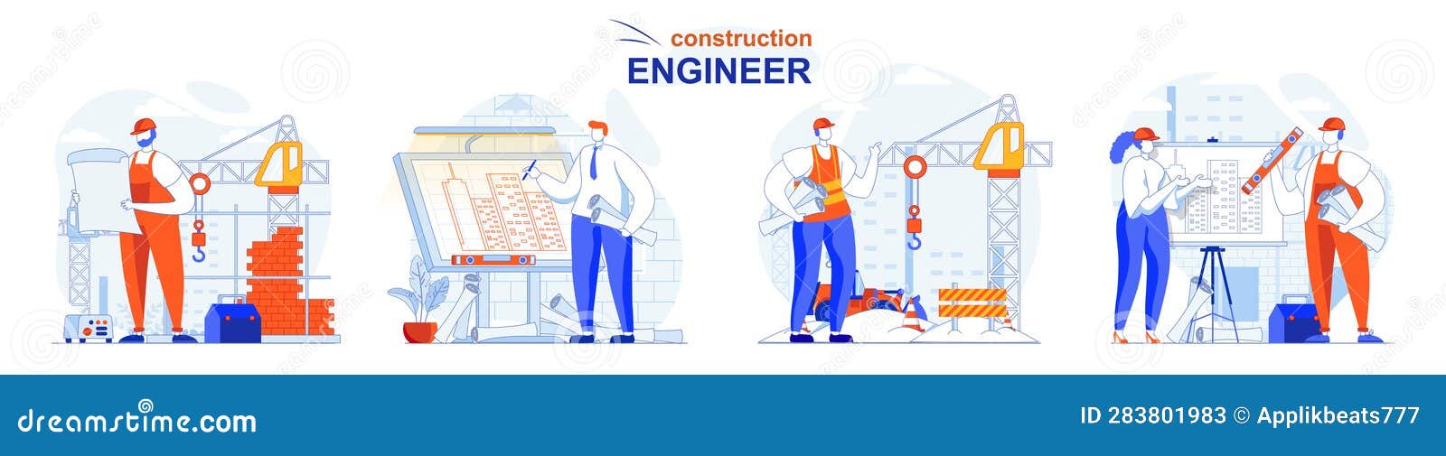 Construction Engineer Concept Set. Architect with Plan, Contractor Works on Site. People ...