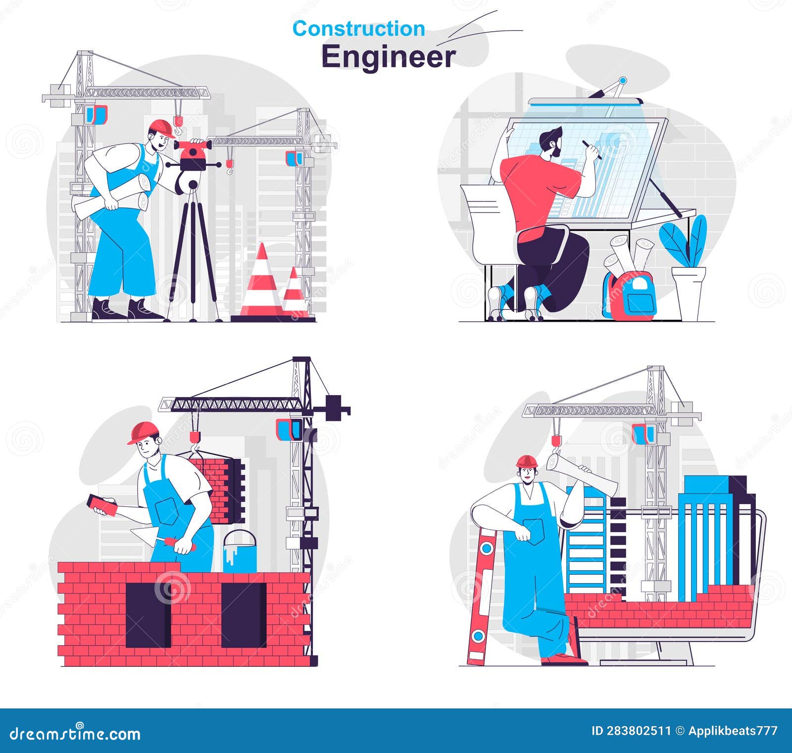 Construction Engineer Concept Set. Surveyor, Architect, Builder and Foreman Work. People ...