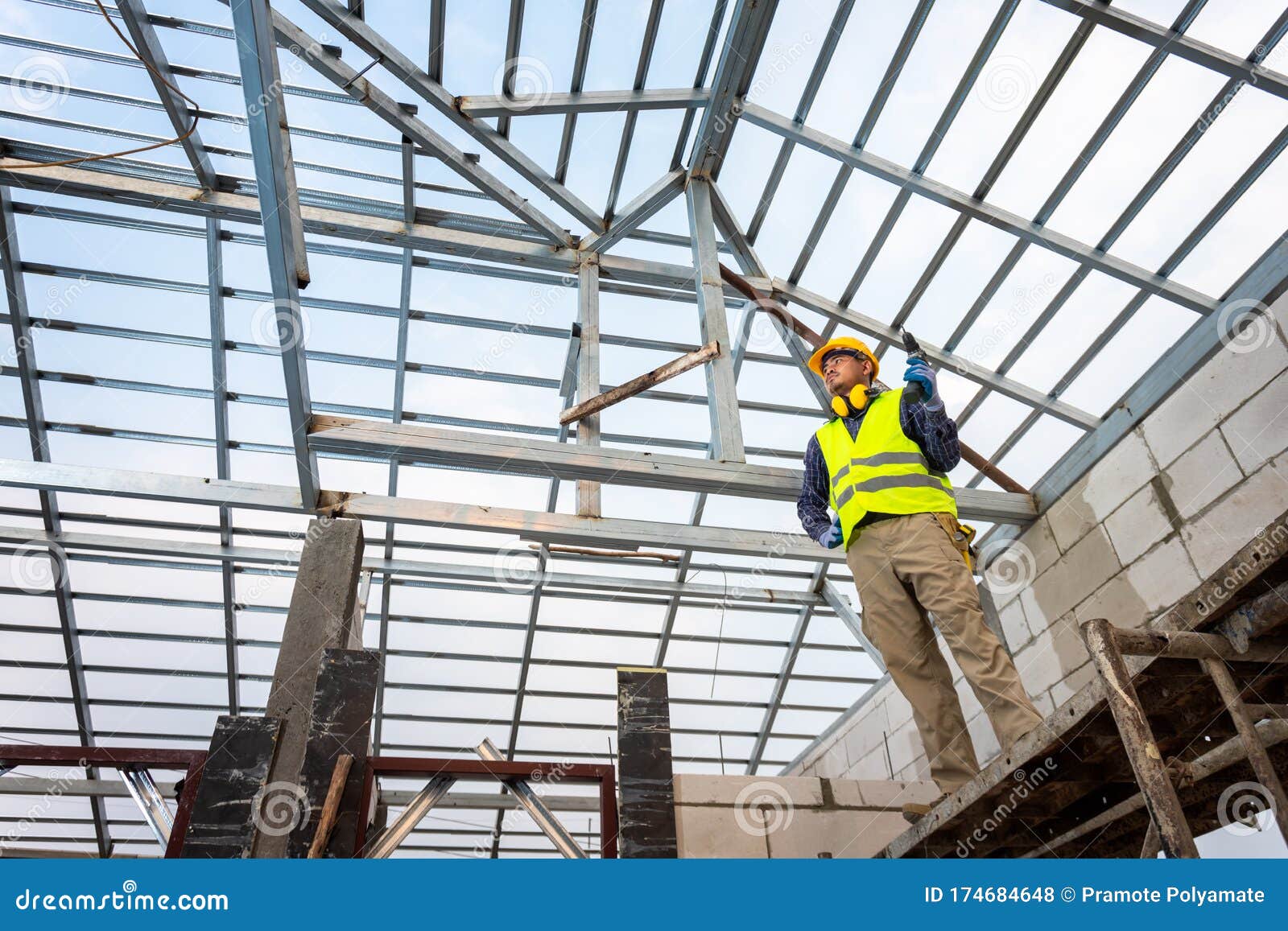 The Construction Engineer is Constructing the Steel Roof Structure of ...