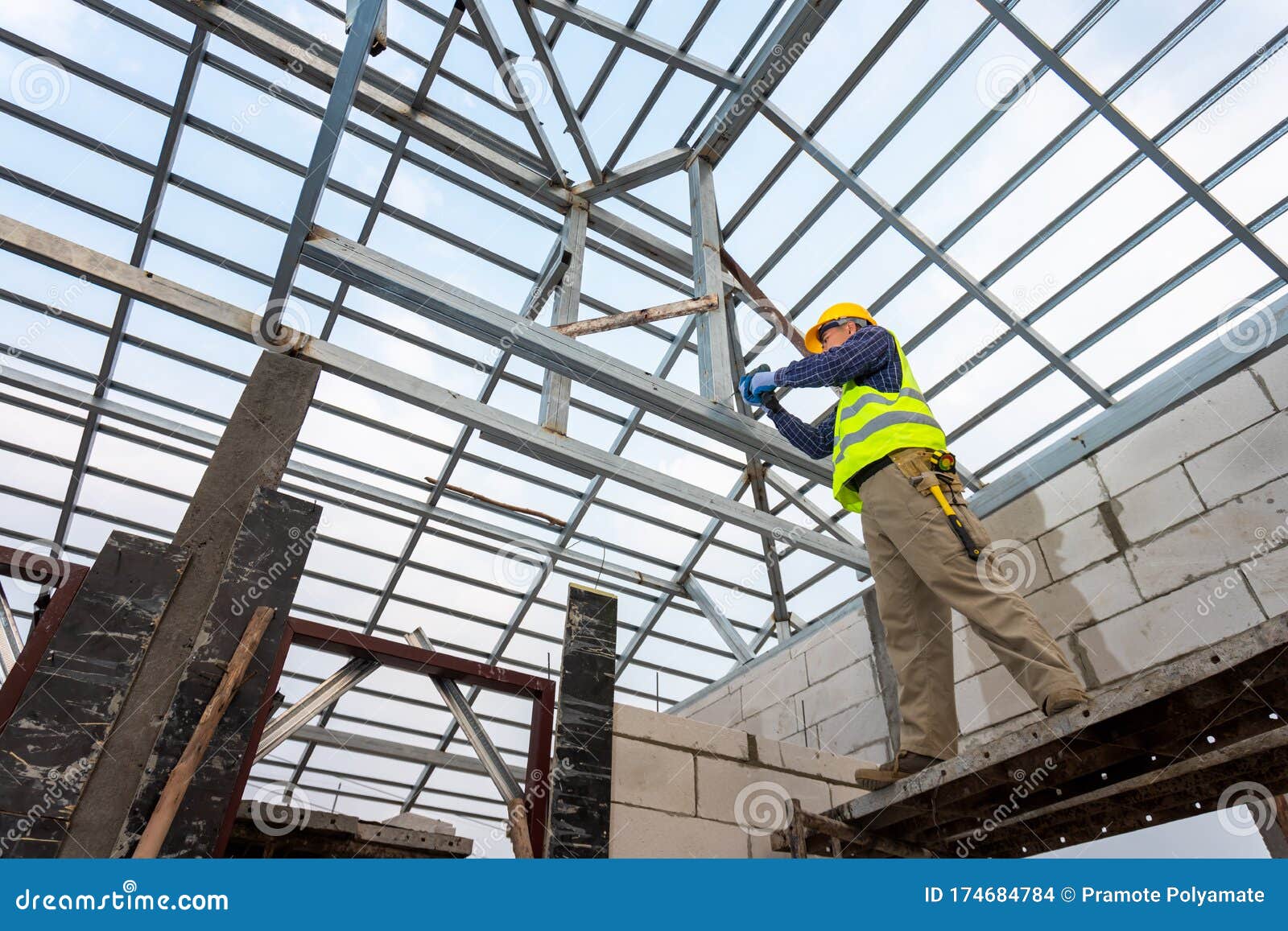 The Construction Engineer is Constructing the Steel Roof Structure of ...