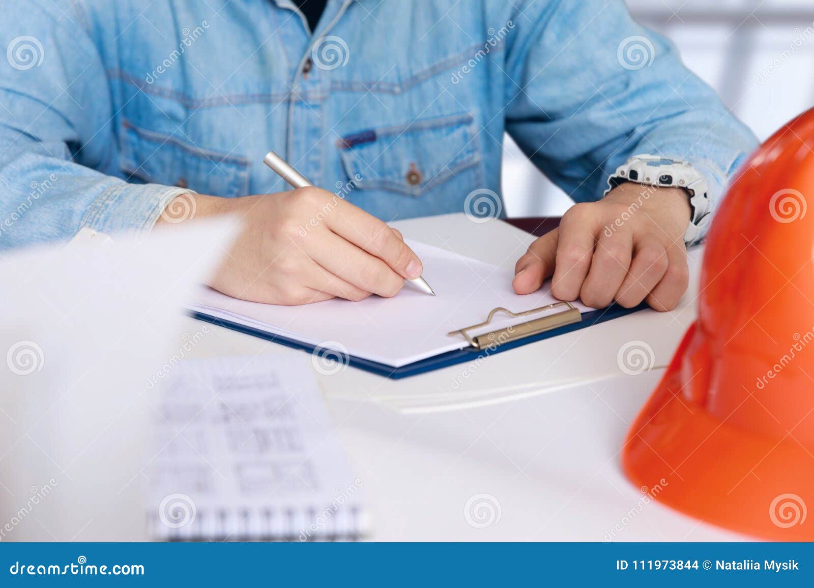 Construction Engineer Develops a Construction Plan . Stock Photo ...