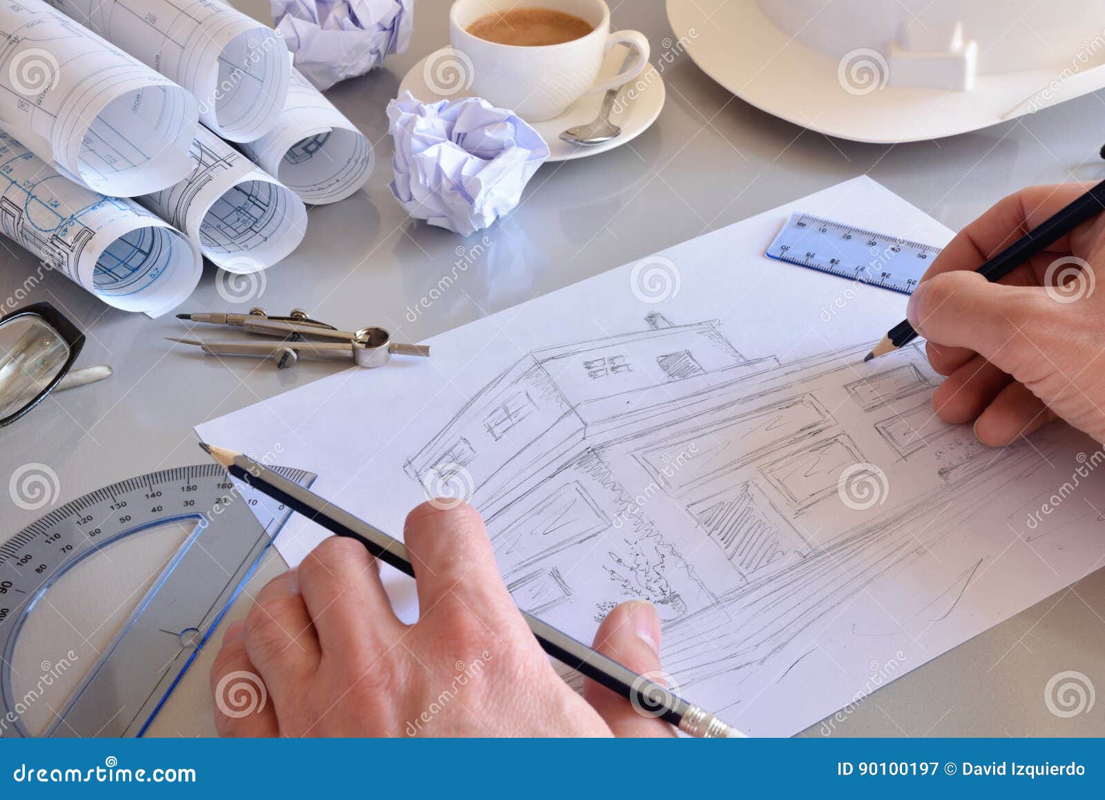 Construction Engineer Drawing a House on His Office Desk Stock Image ...