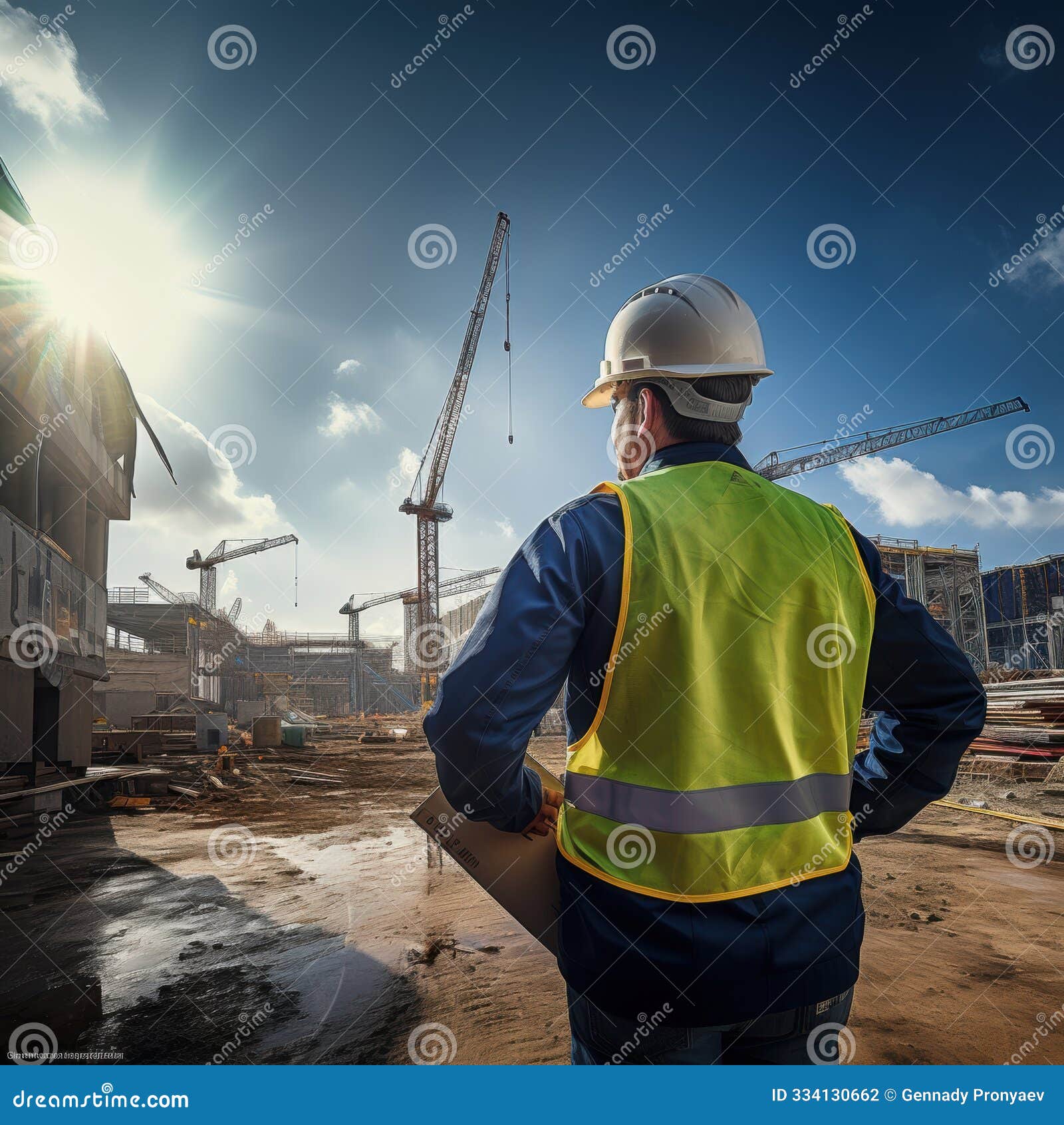 A Construction Engineer in a Hard Hat Works Hard at a Busy Construction ...