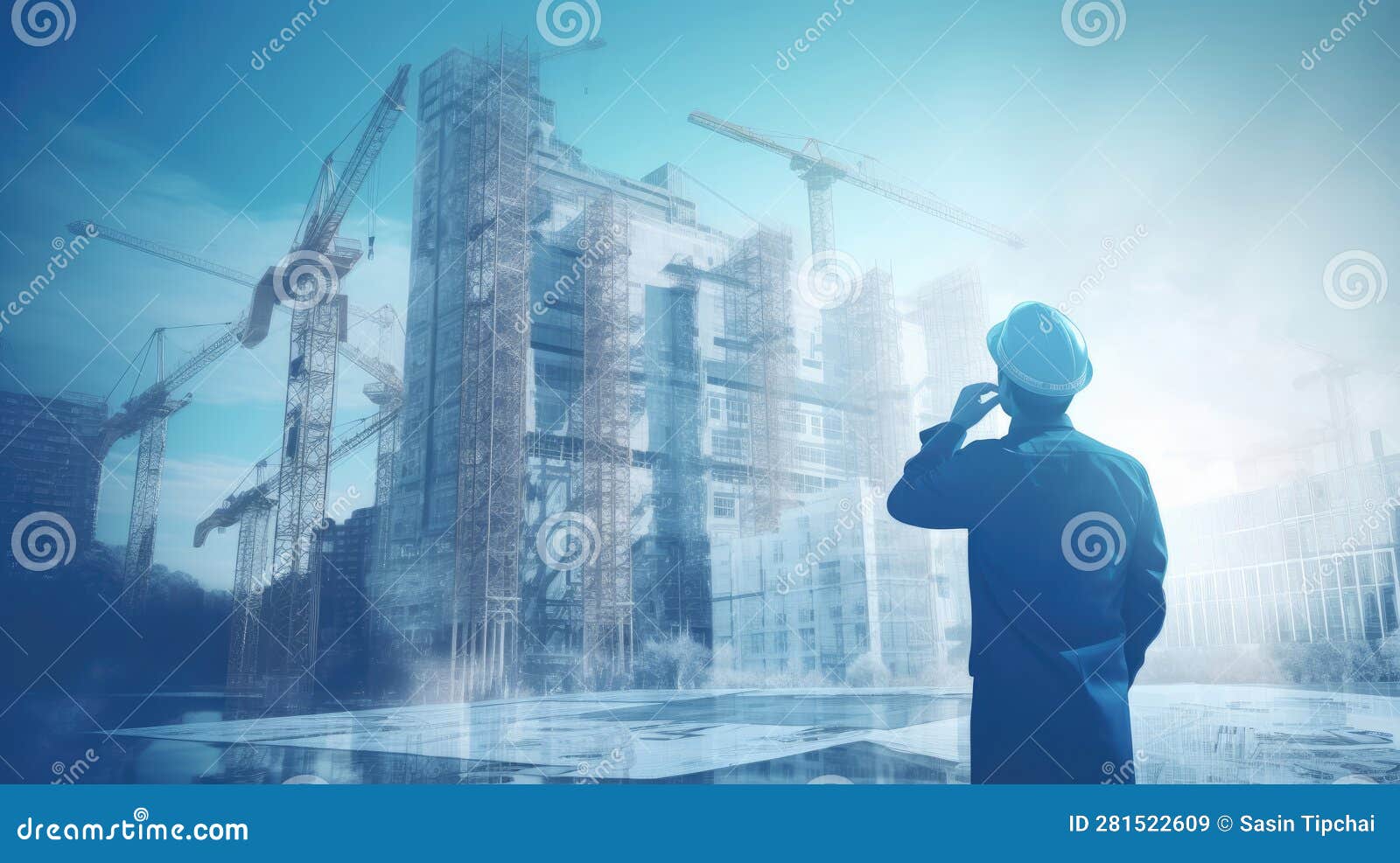 Construction Engineer Holding Blueprint on Construction Site and Blue ...