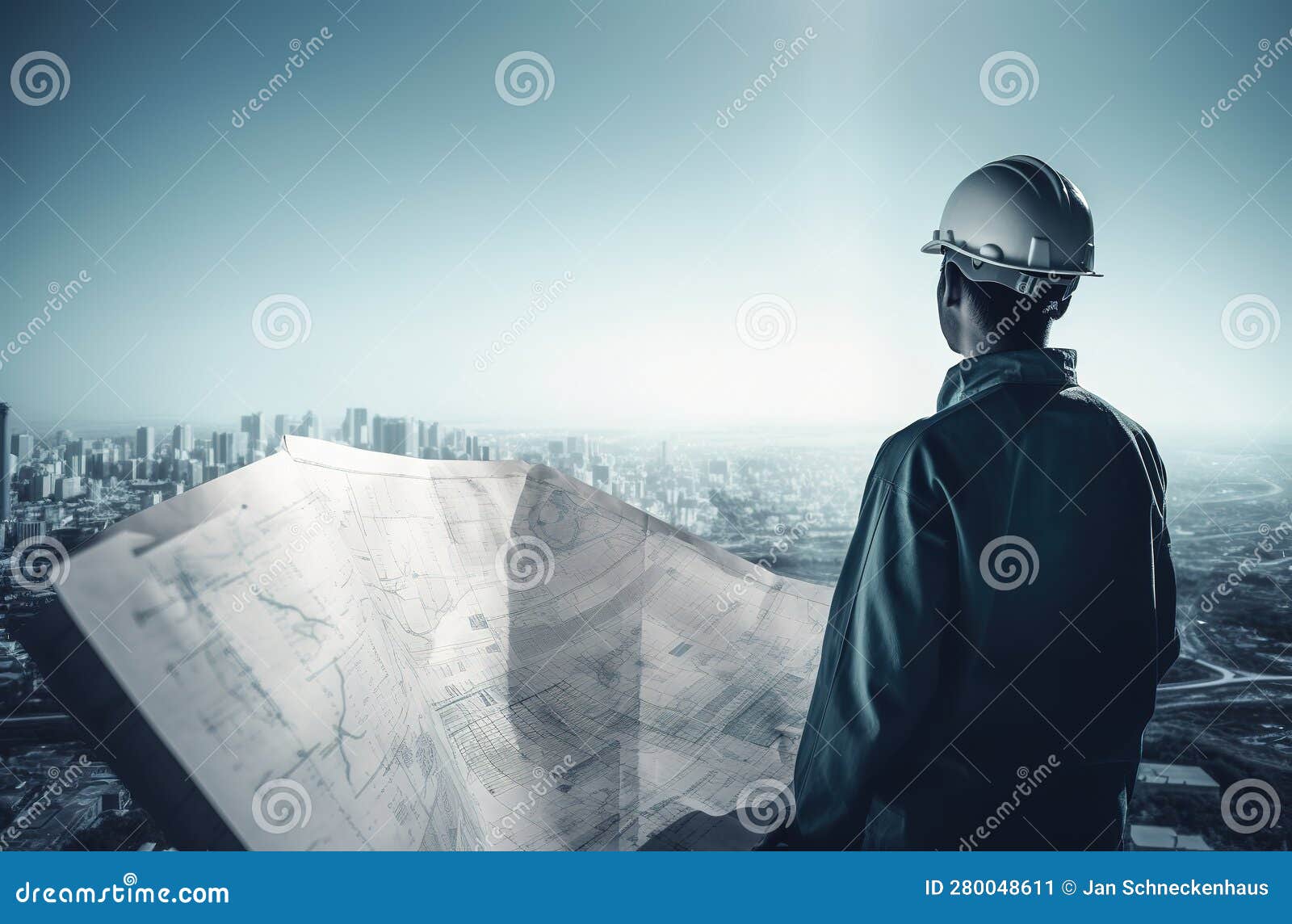 Construction Engineer Holding Plan in Double Exposure. Stock ...