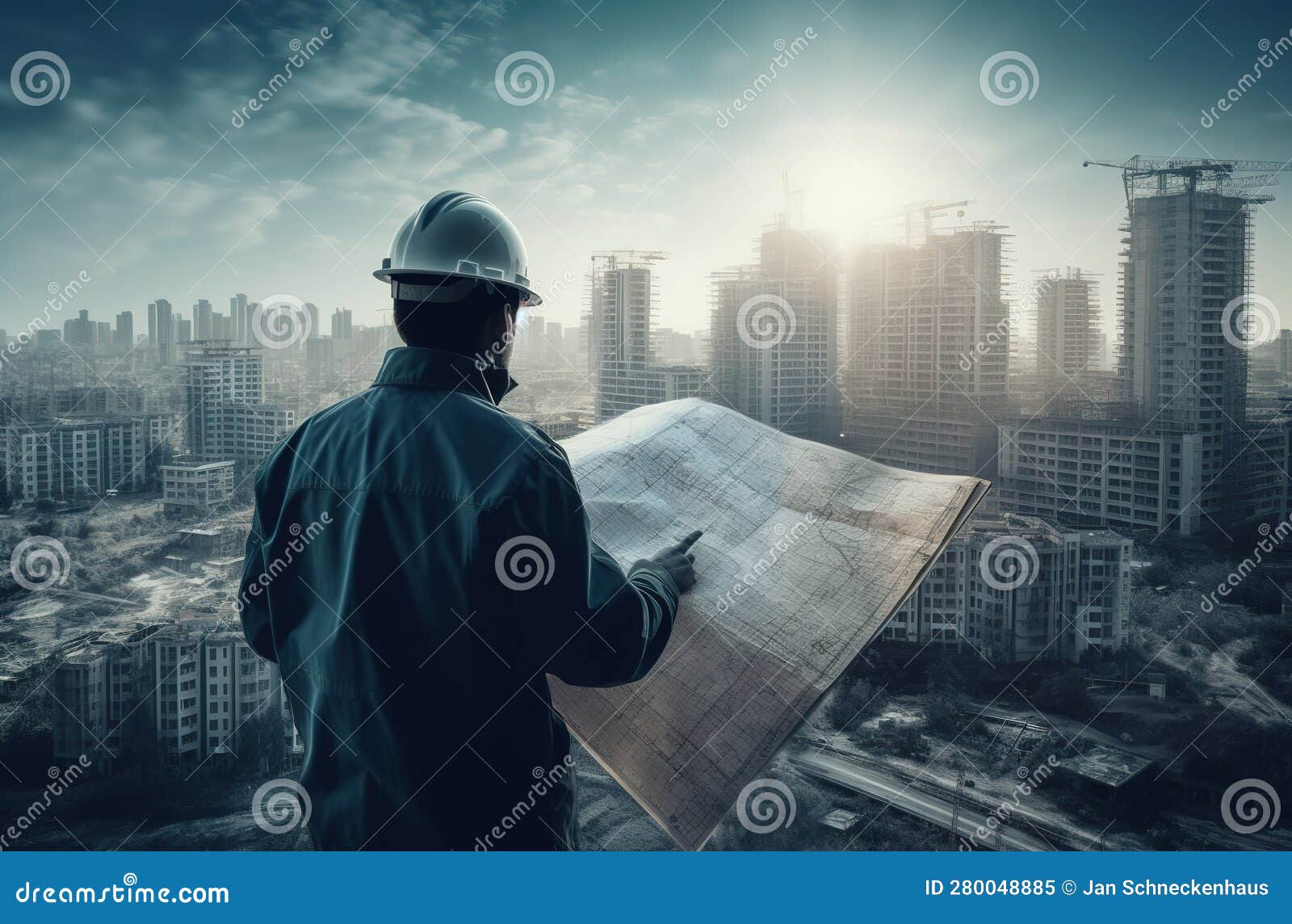 Construction Engineer Holding Plan in Double Exposure. Stock ...