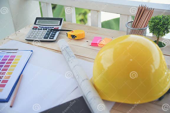 Construction Engineer Office Desk Architect Workplace. Engineer Drawing ...