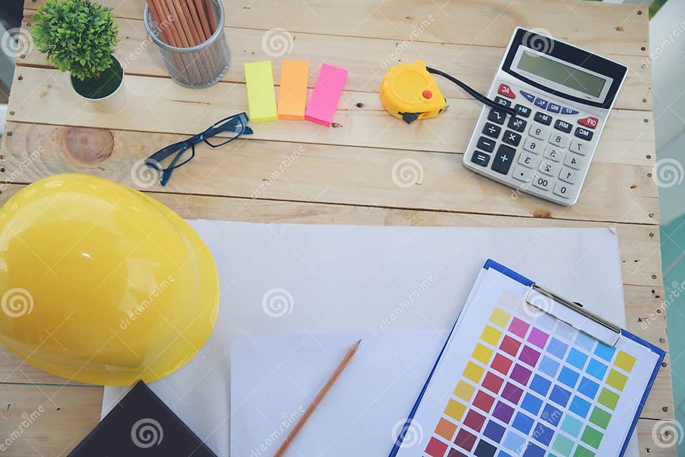 Construction Engineer Office Desk Architect Workplace. Engineer Drawing ...