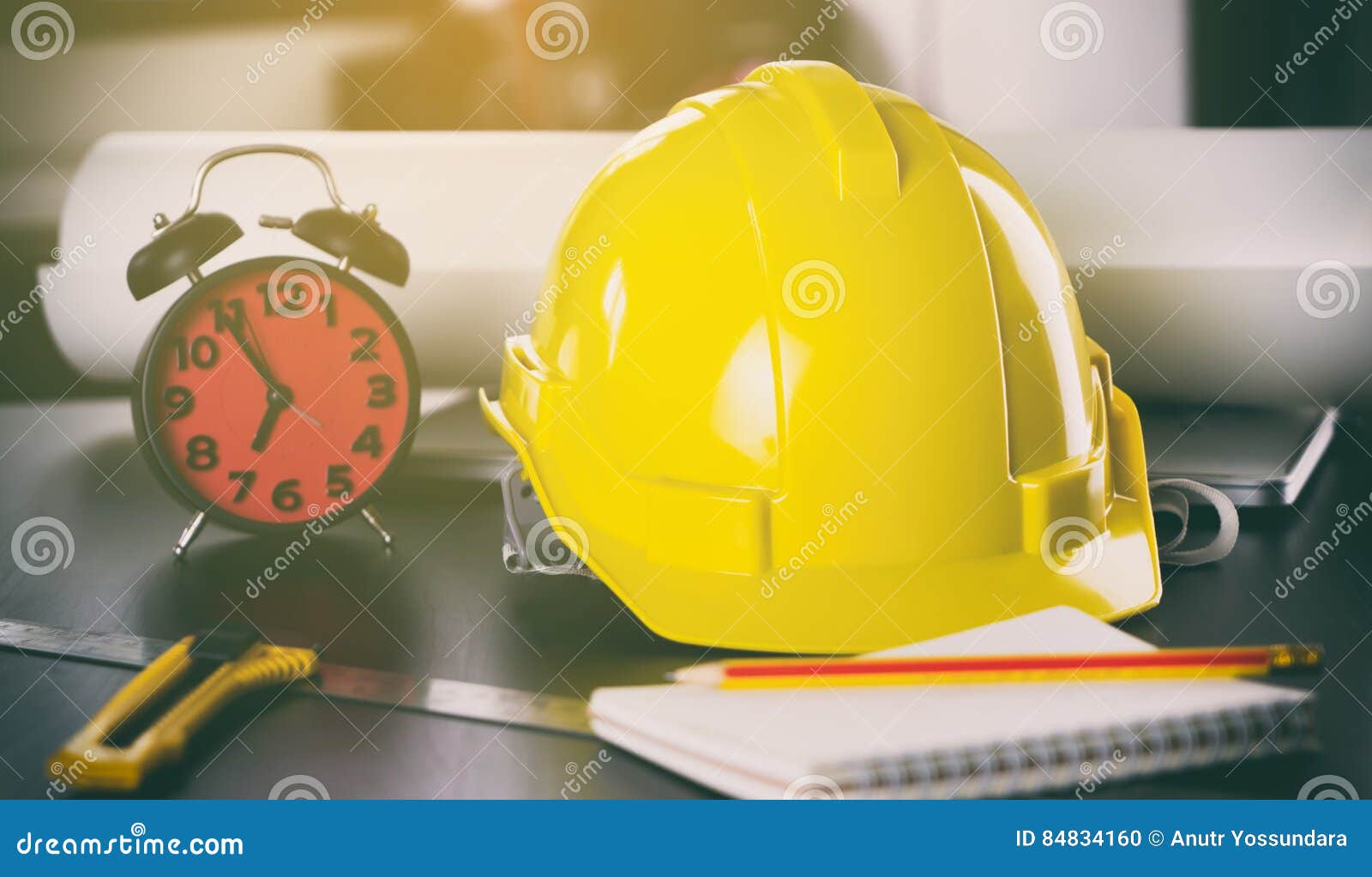 Construction Engineer Office Table with Clock Deadline. Stock Photo ...