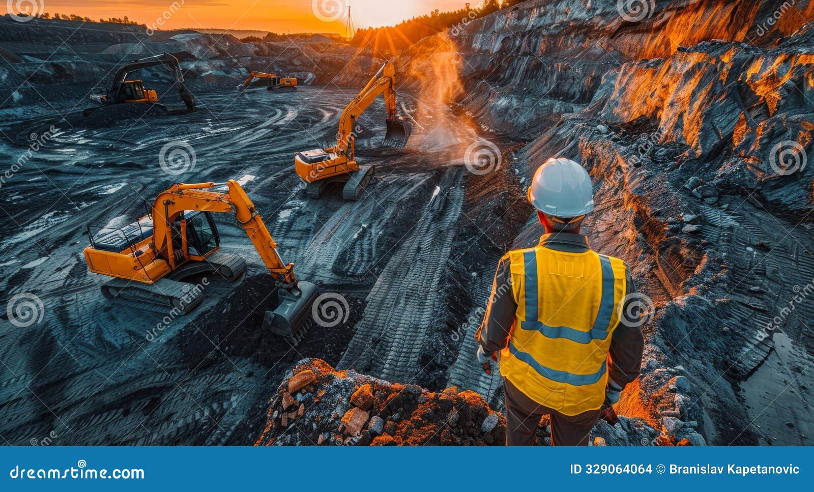 Construction Engineer Overlooks Excavation Site at Sunset Stock ...