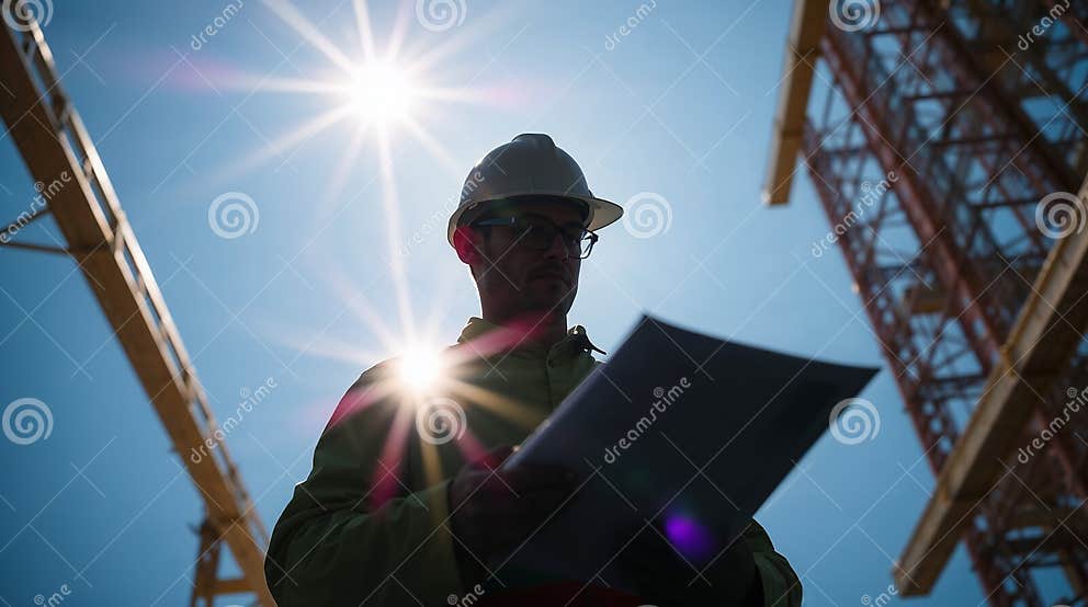 Construction Engineer Reading Blueprint on Site Under the Sun Stock ...
