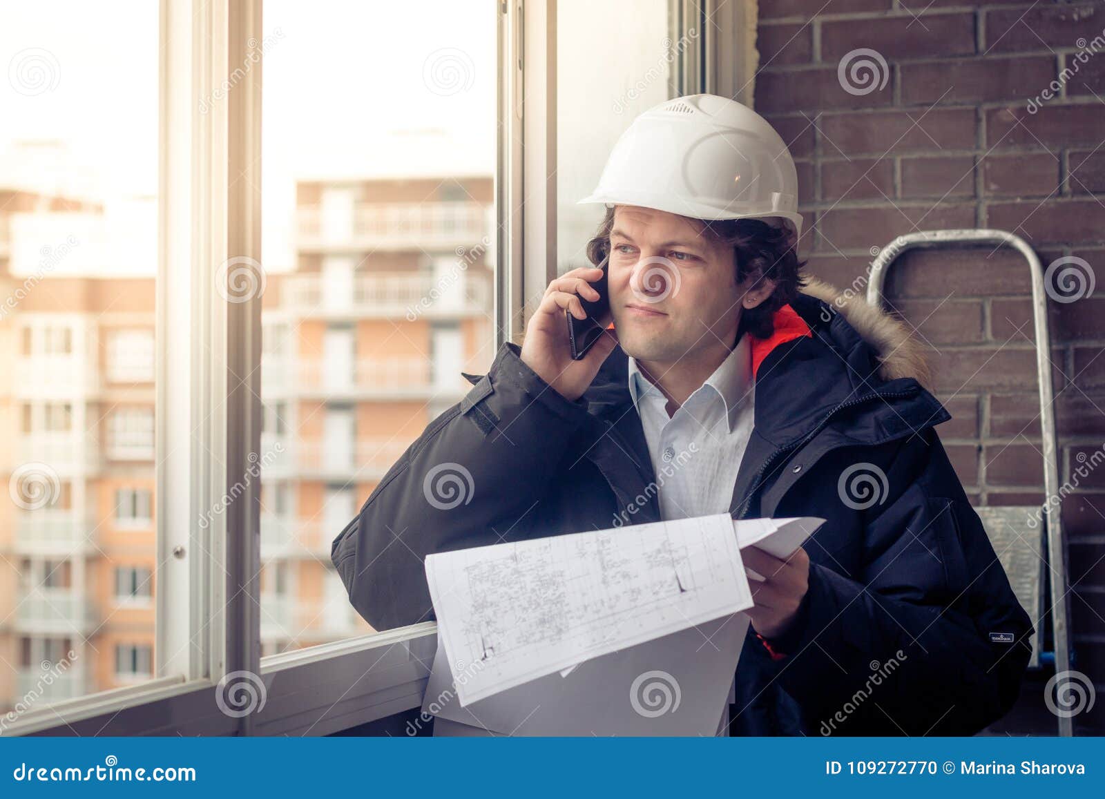 Construction Engineer Using Cell Mobile Phone. Soft Focus, Toned. Stock ...