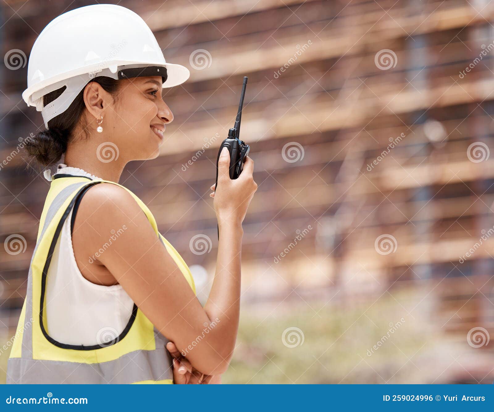 Construction, Engineer and Woman with Walkie Talkie, Communication and ...