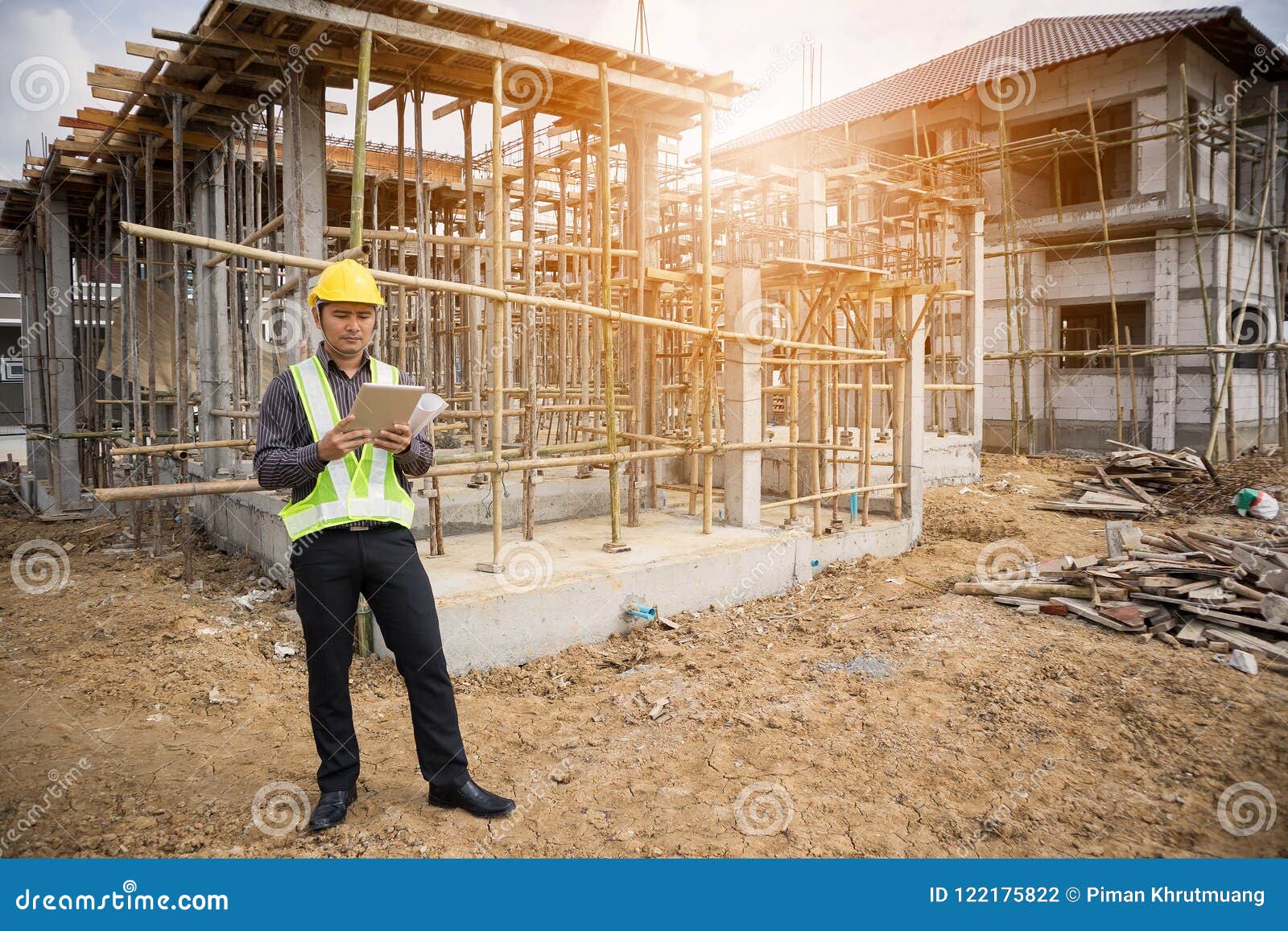 Construction Engineer Worker Using Tablet Computer Stock Photo - Image ...