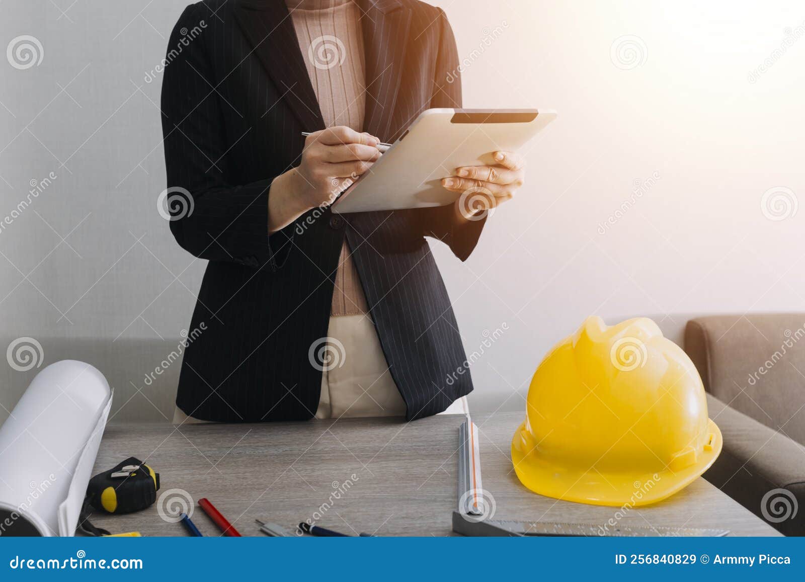 Construction Engineer Working at Blueprint To Build Large Commercial ...