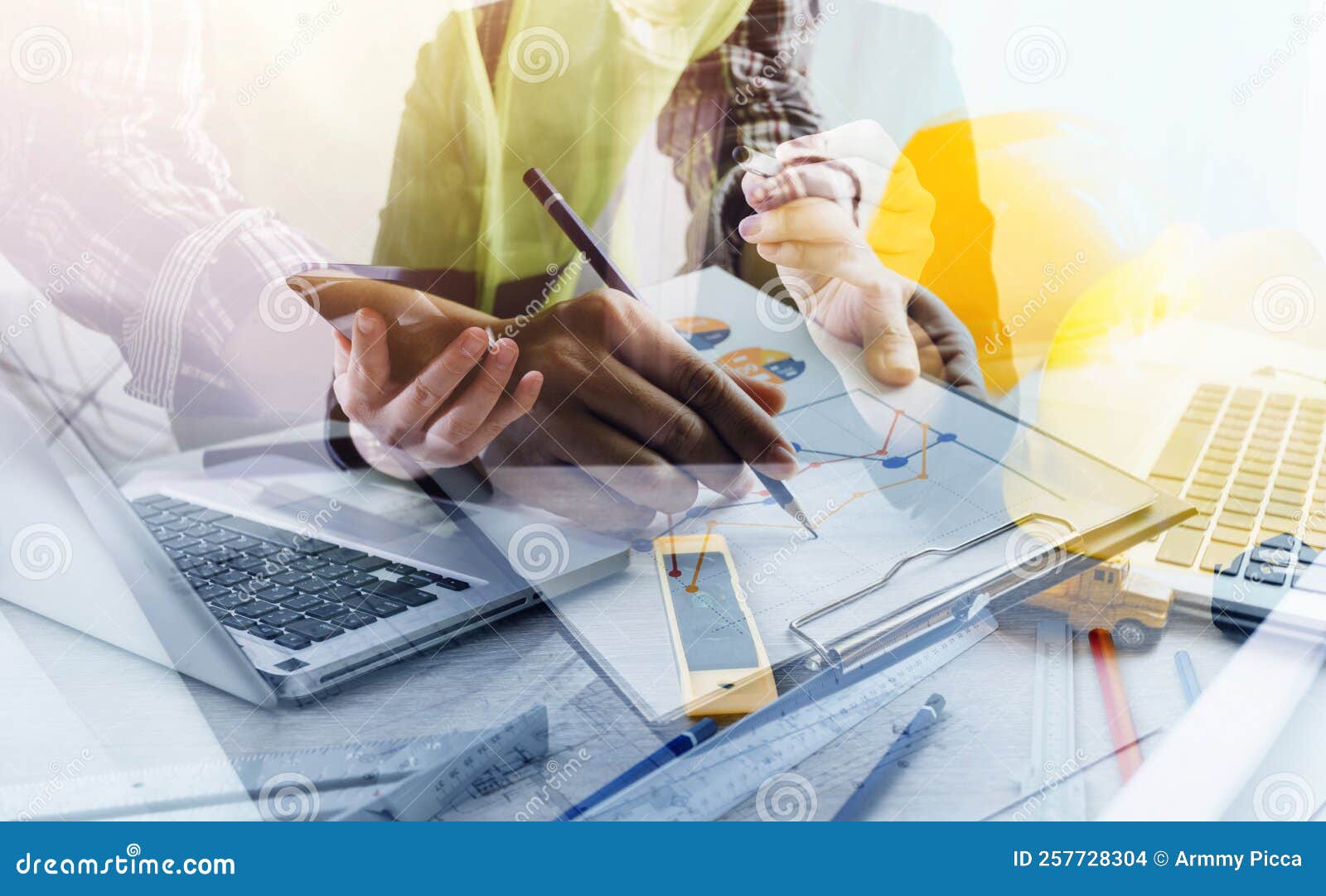 Construction Engineer Working at Blueprint To Build Large Commercial ...