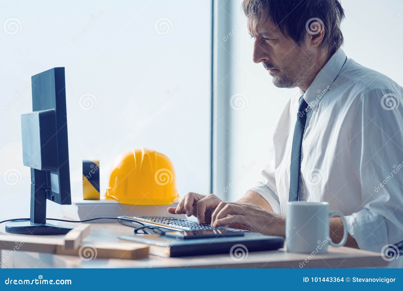 Construction Engineer Working on Desktop Computer Using CAD Soft Stock ...