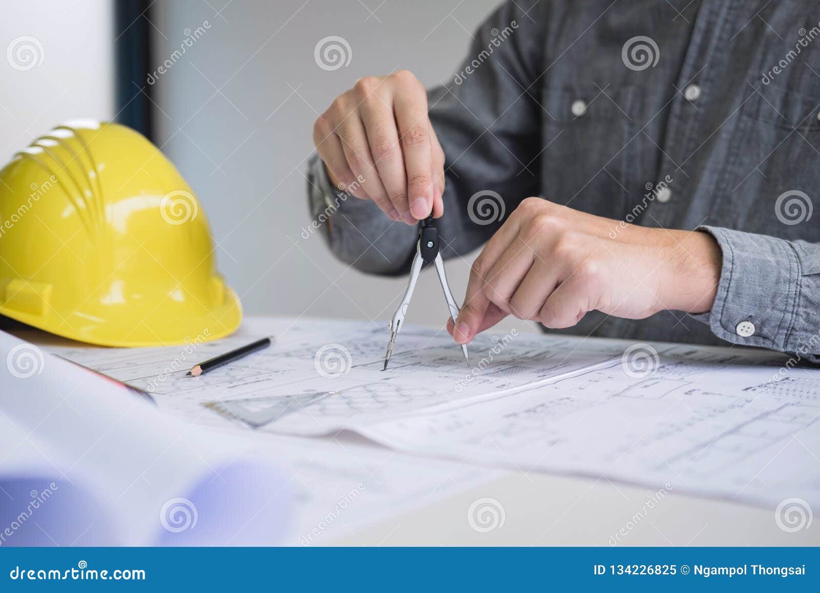 Construction Engineering or Architect Hands Working on Blueprint ...