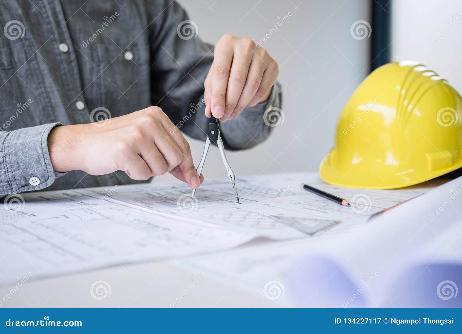 Construction Engineering or Architect Hands Working on Blueprint ...