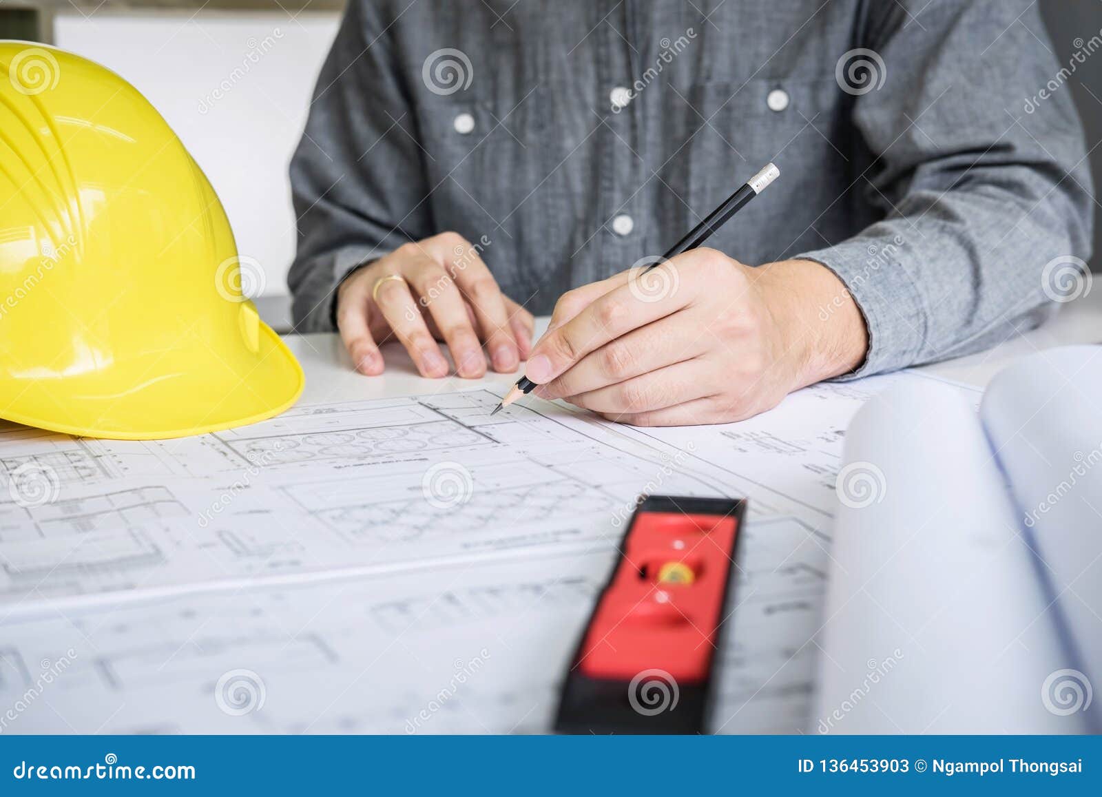 Construction Engineering or Architect Hands Working on Blueprint ...