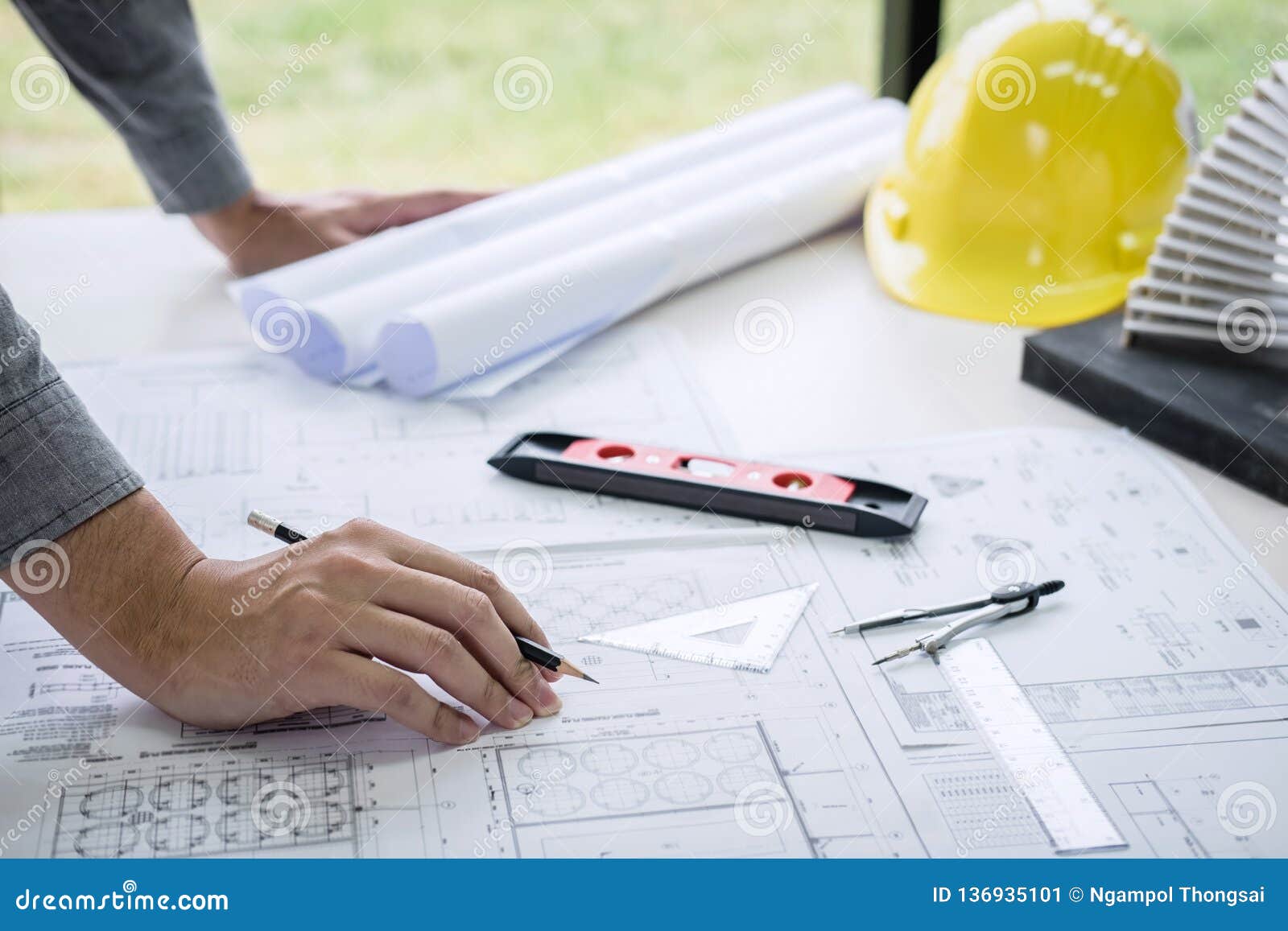Construction Engineering or Architect Hands Working on Blueprint ...