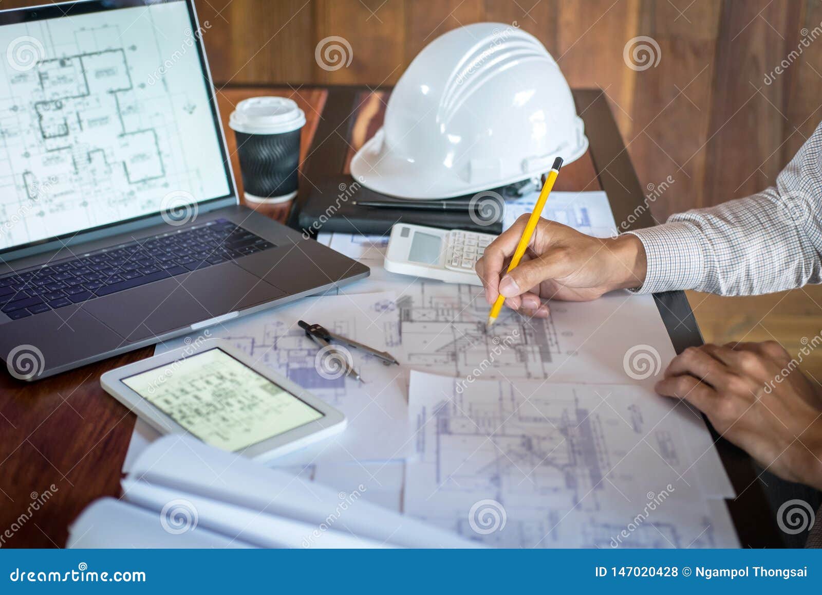 Construction Engineering or Architect Hands Working on Blueprint ...