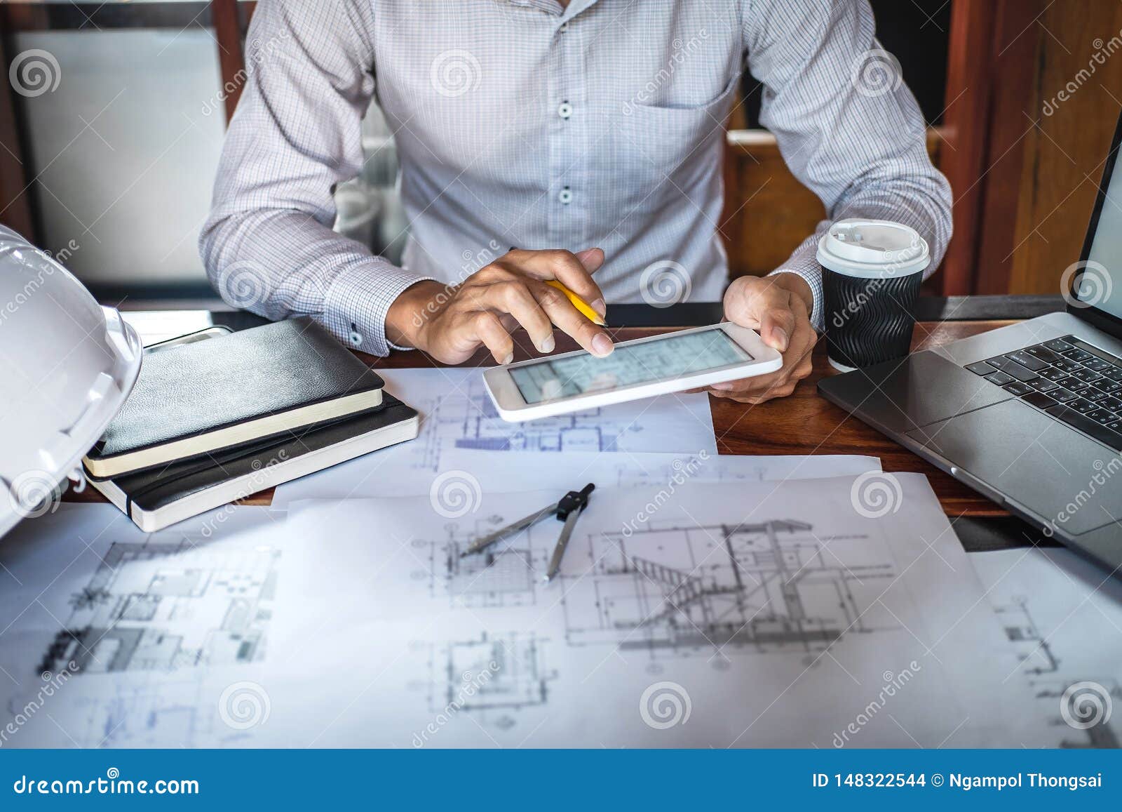 Construction Engineering or Architect Hands Working on Blueprint ...