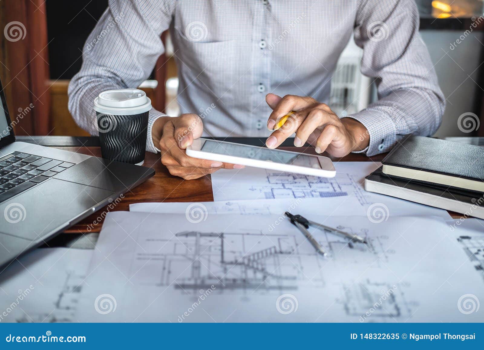 Construction Engineering or Architect Hands Working on Blueprint ...