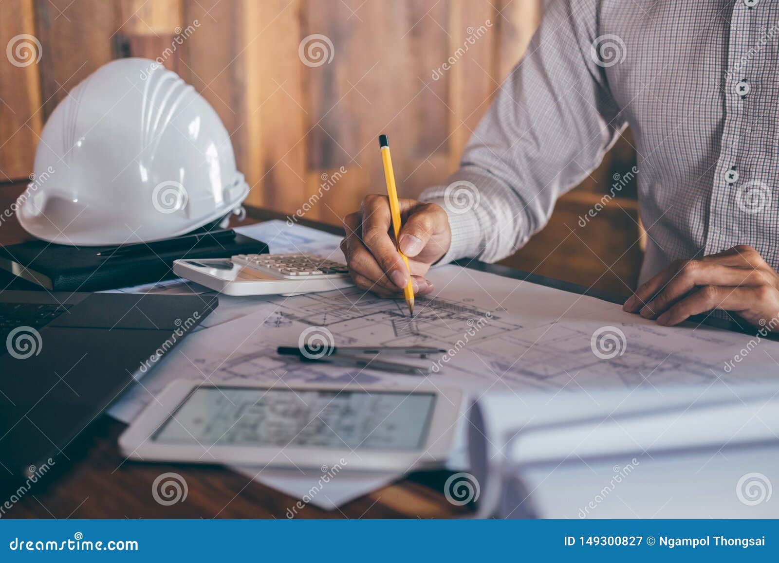 Construction Engineering or Architect Hands Working on Blueprint ...