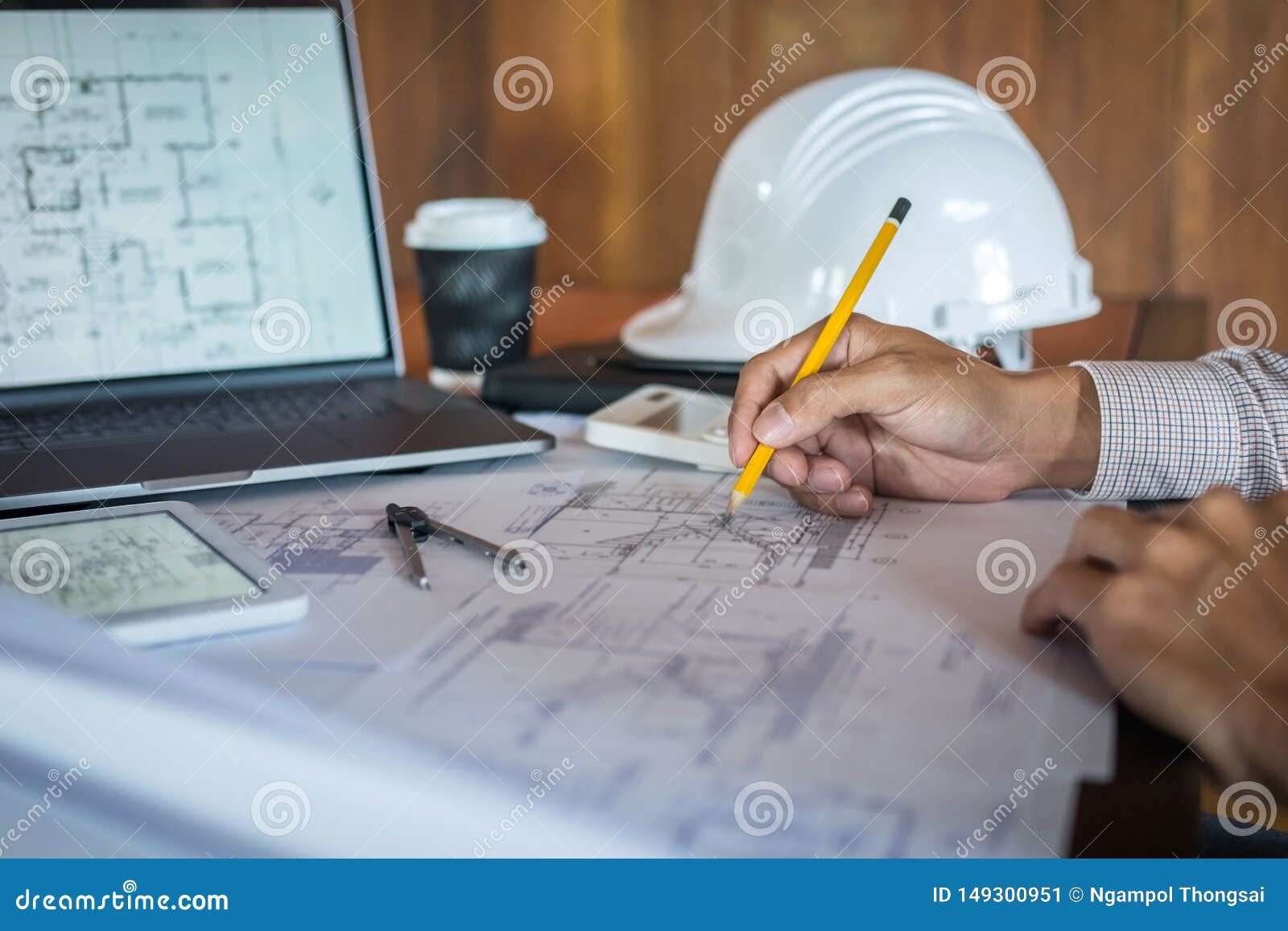 Construction Engineering or Architect Hands Working on Blueprint ...