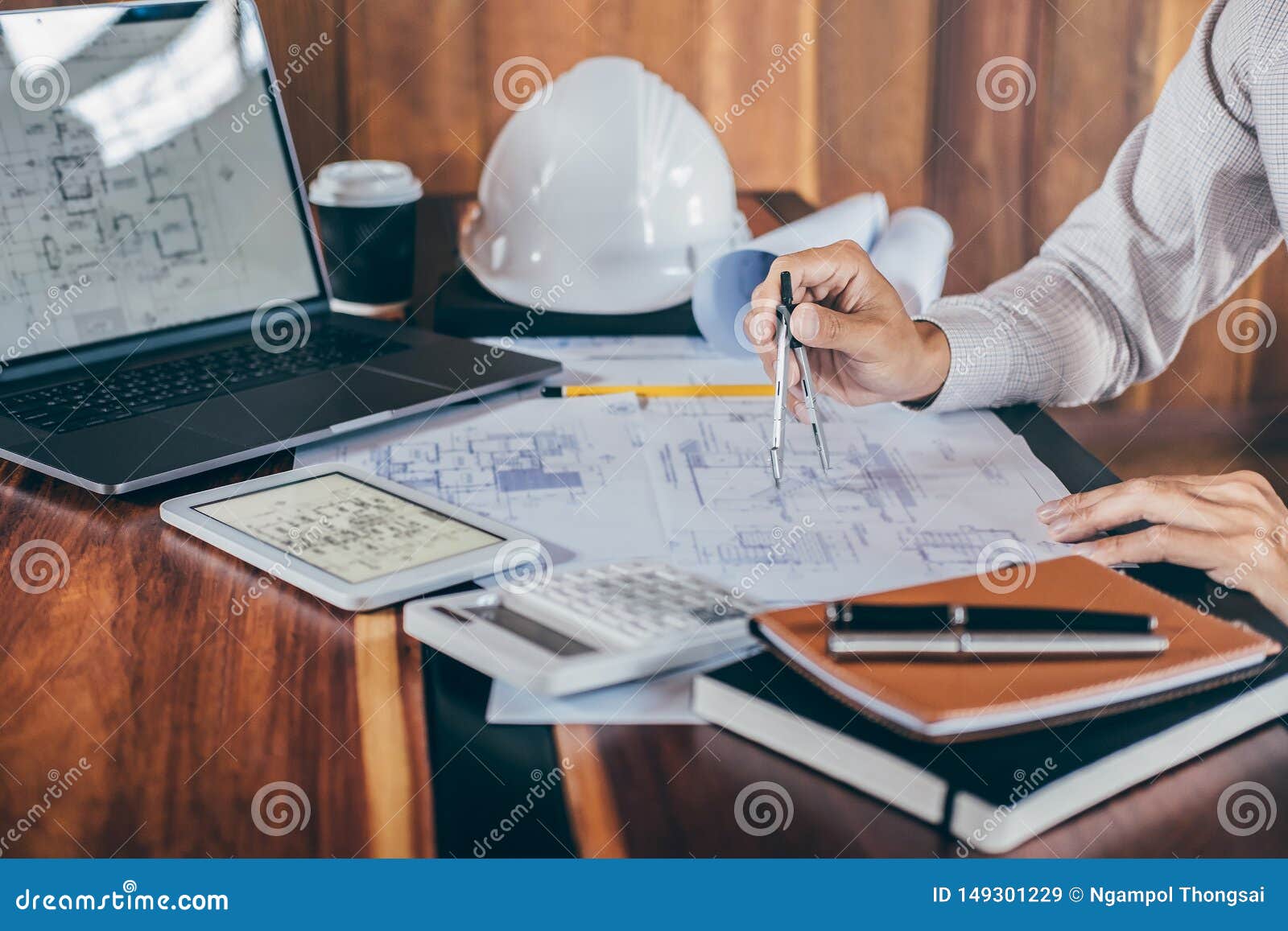 Construction Engineering or Architect Hands Working on Blueprint ...
