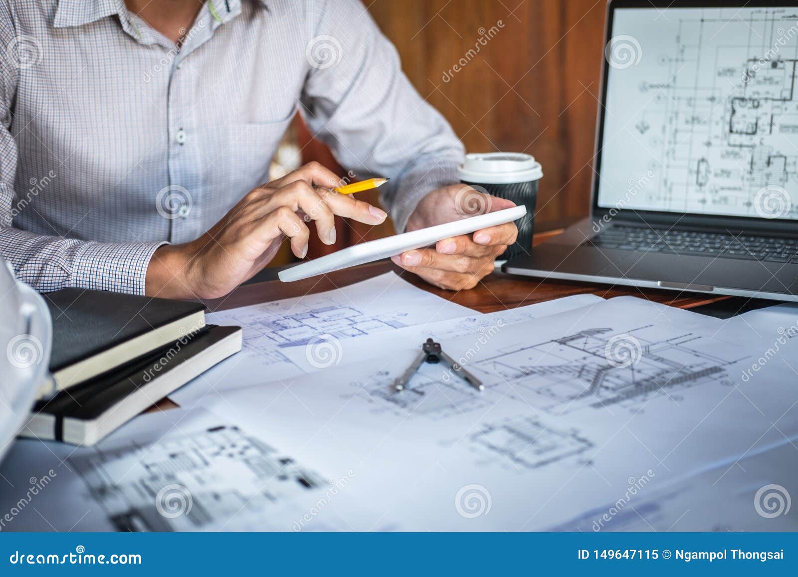 Construction Engineering or Architect Hands Working on Blueprint ...