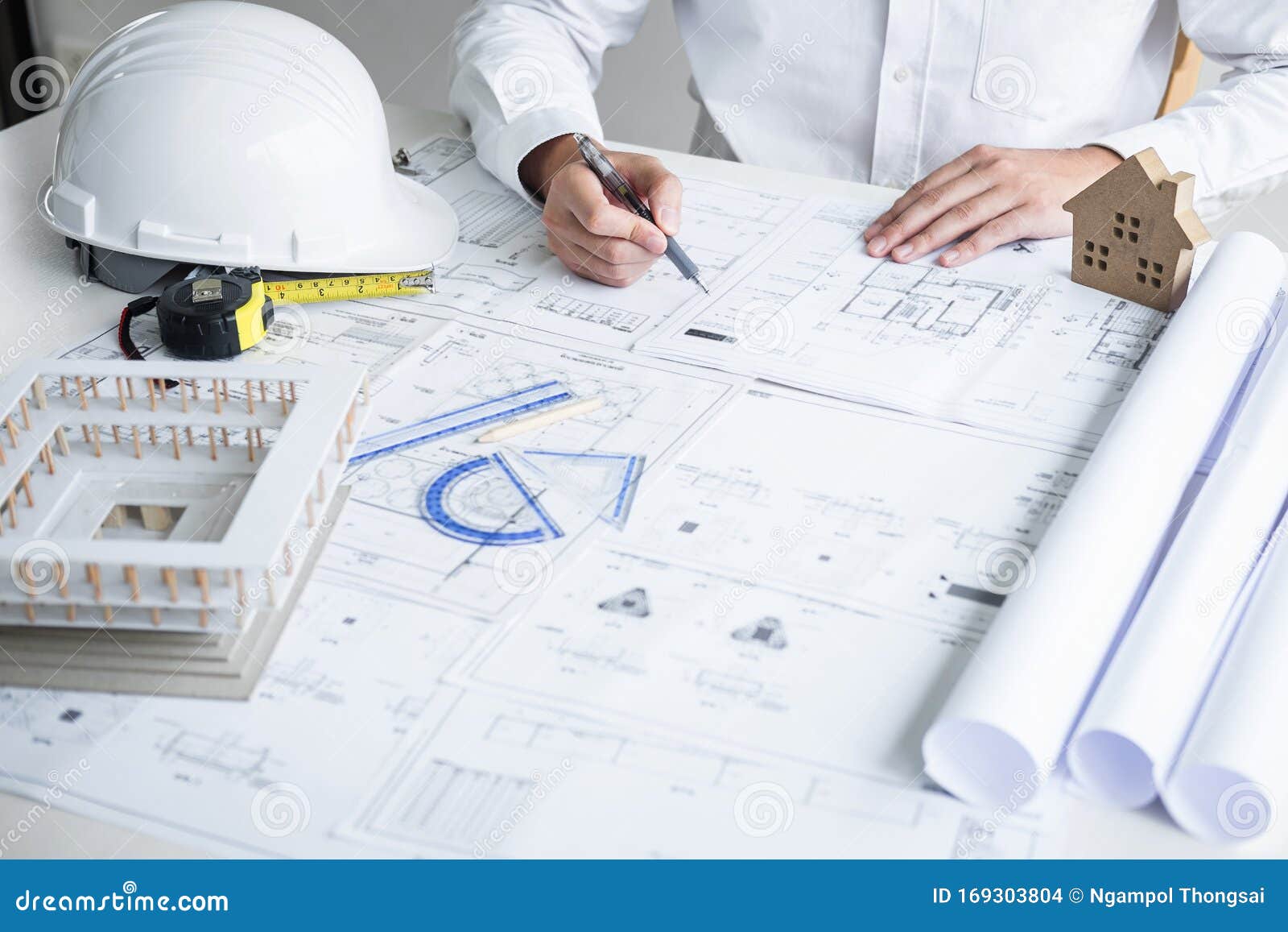 Construction Engineering or Architect Hands Working on Blueprint ...