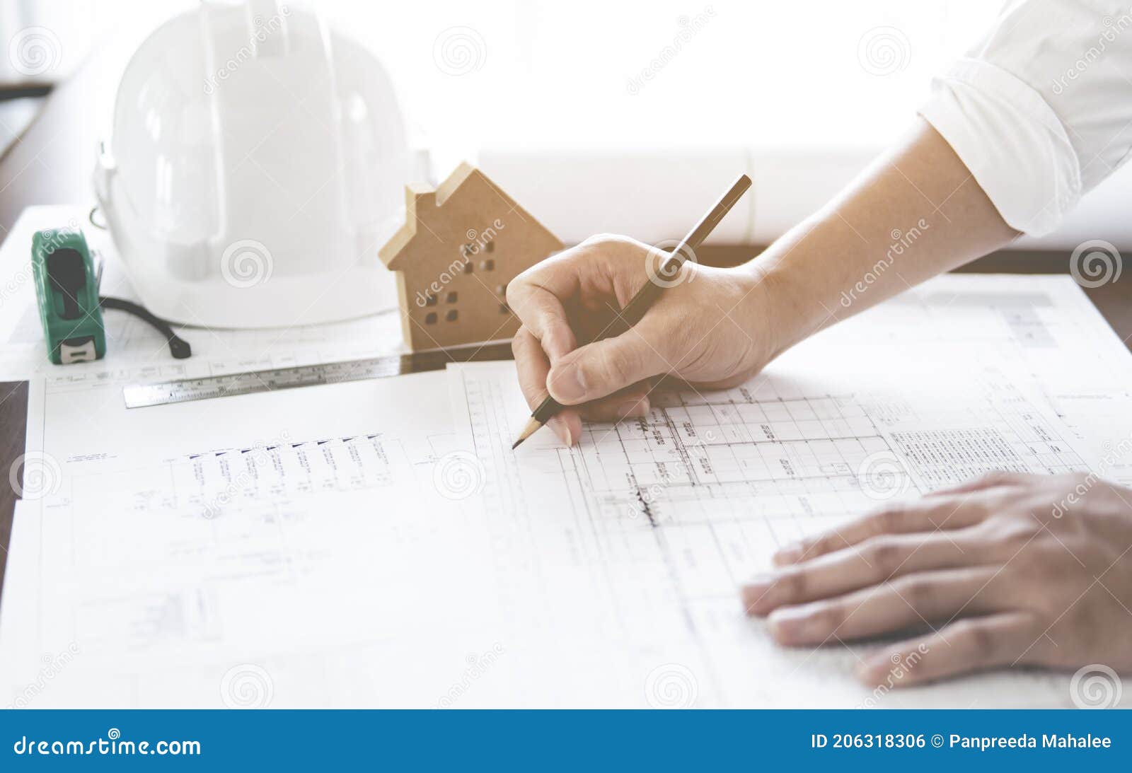 Construction Engineering Concept, Engineering Working on Desk with Cad ...