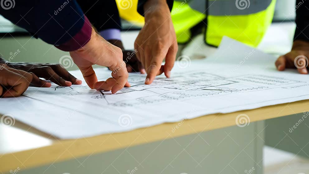 Construction Engineers Team Using Blueprint of Project Plan ...