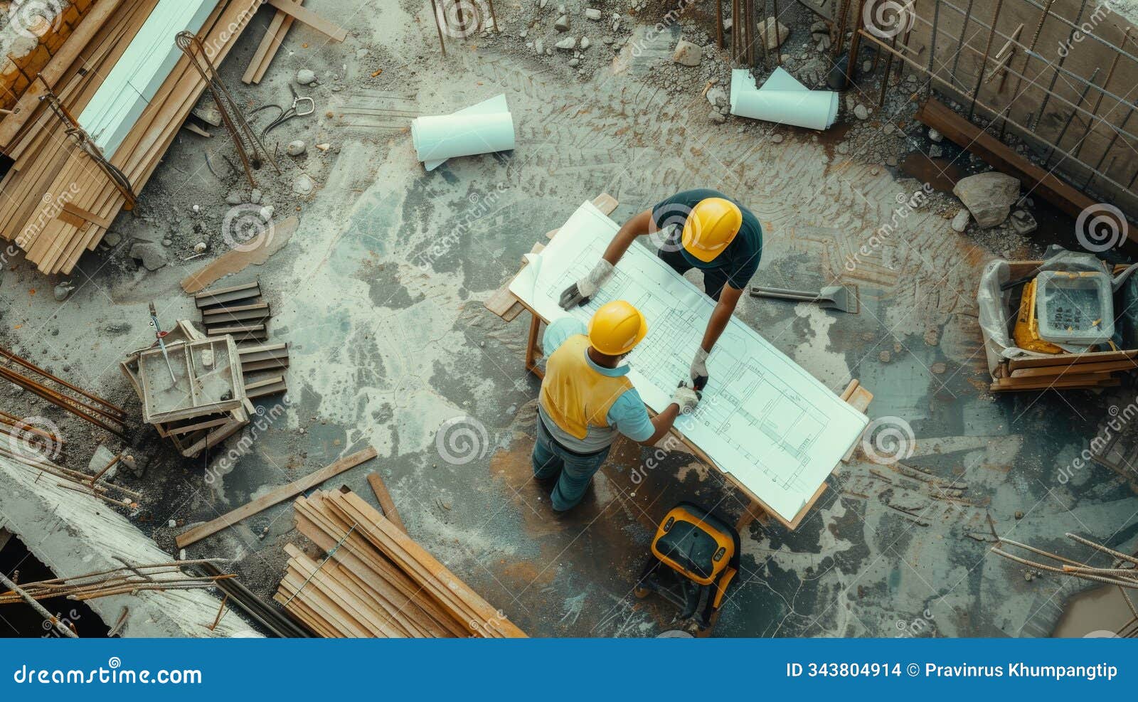Construction Engineers Working at Construction Site with Blueprint on ...