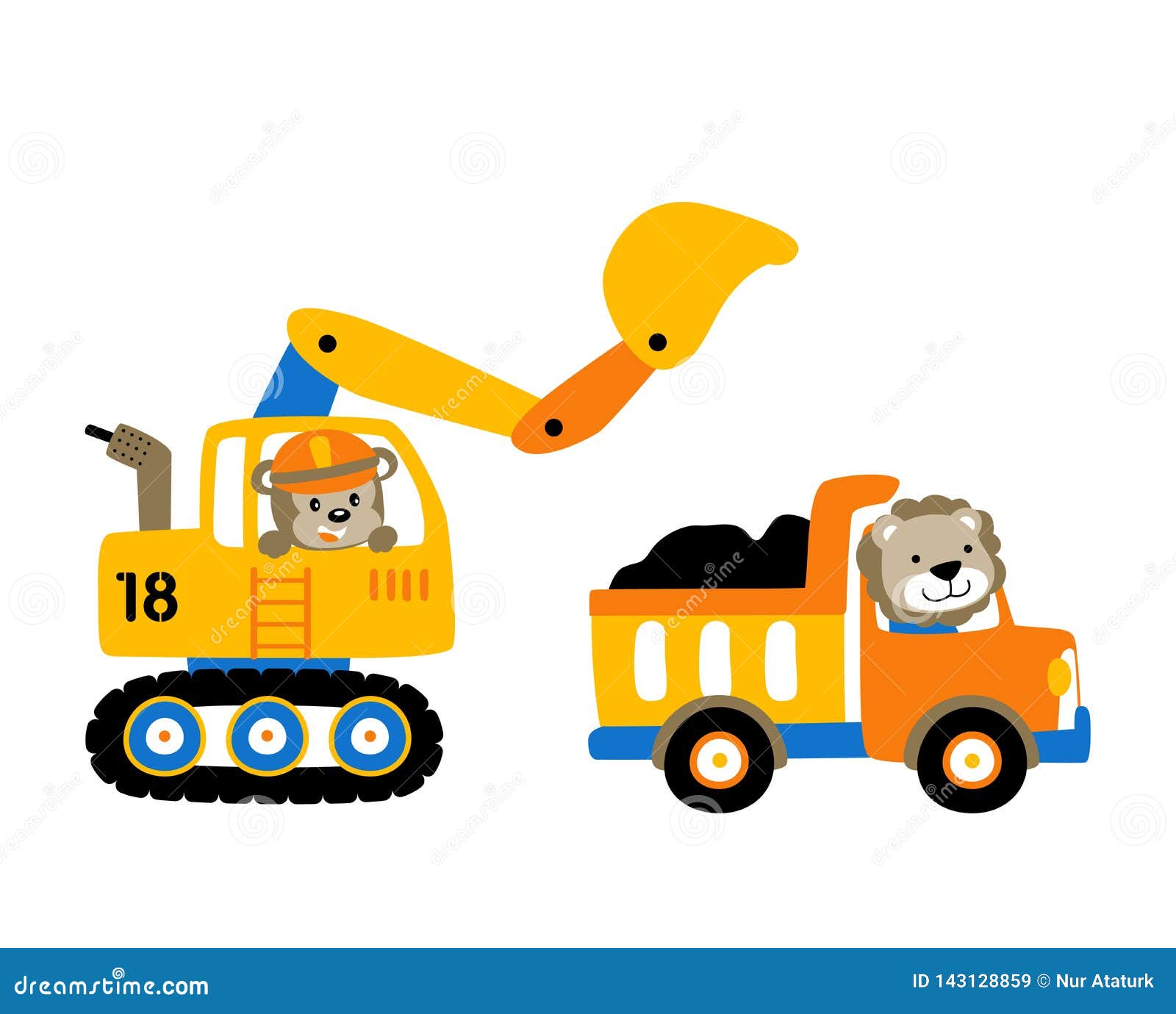 Construction Equipment Cartoon, Work Zone with Funny Animals, Vector ...